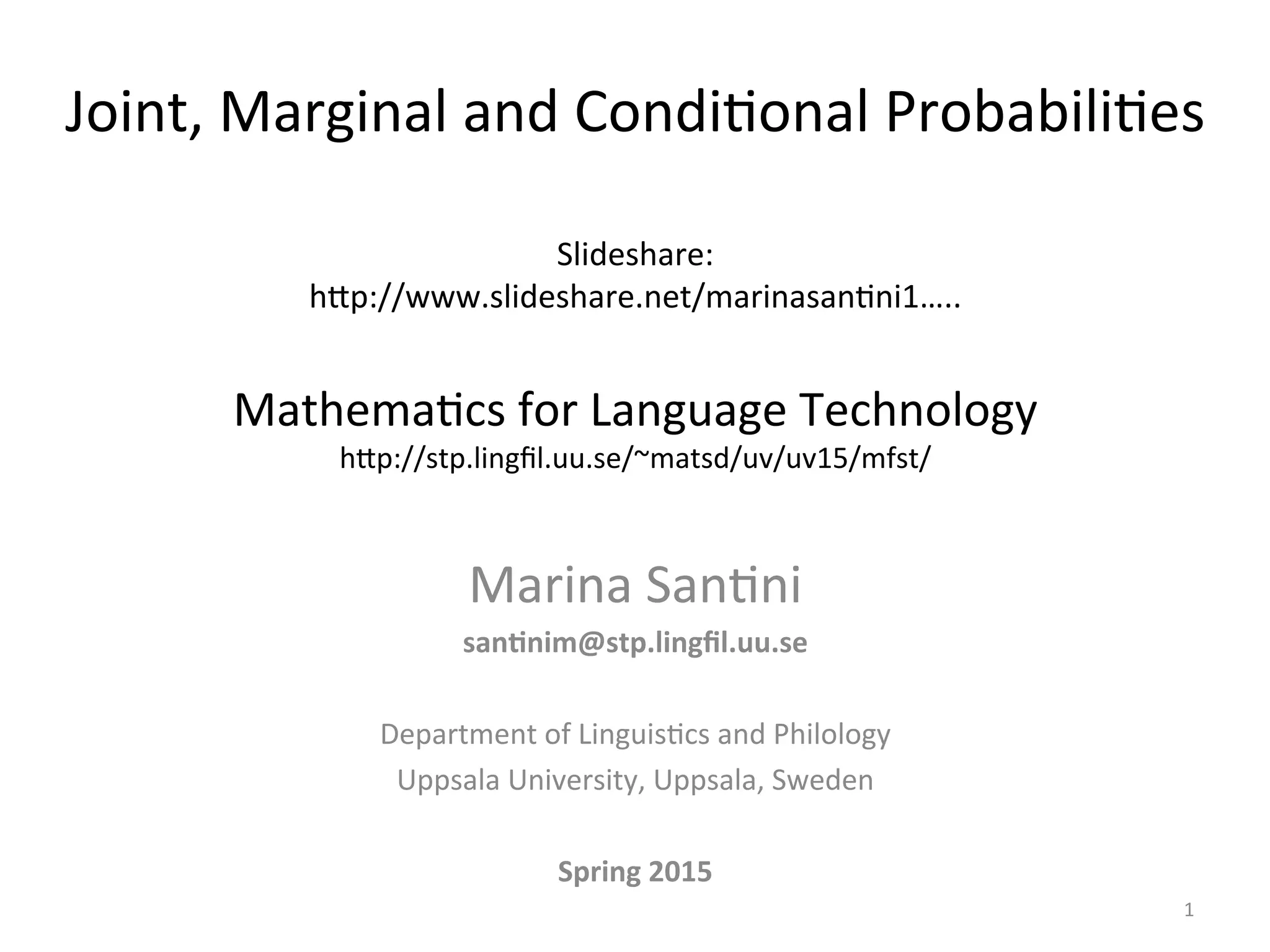 Lecture: Joint, Conditional and Marginal Probabilities | PDF