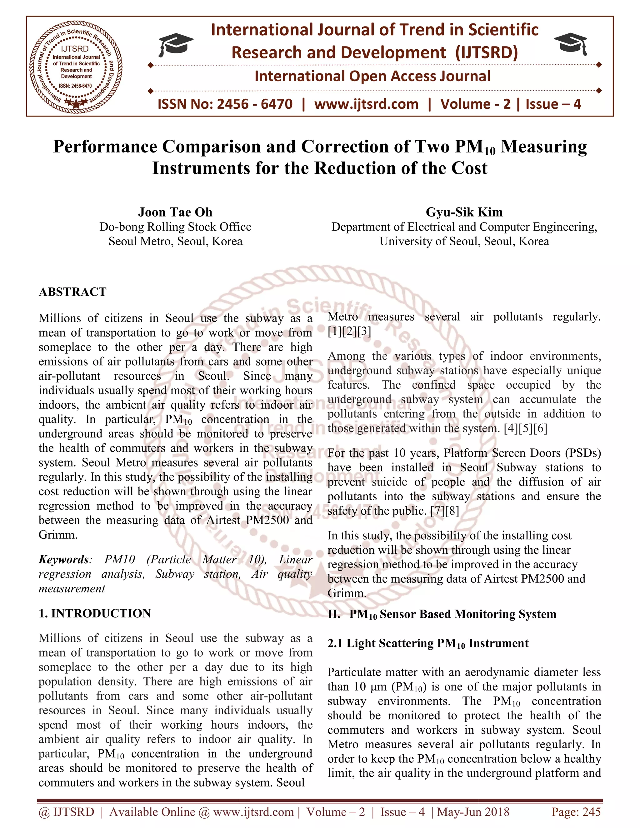 Performance Comparison And Correction Of Two Pm10 Measuring Instruments