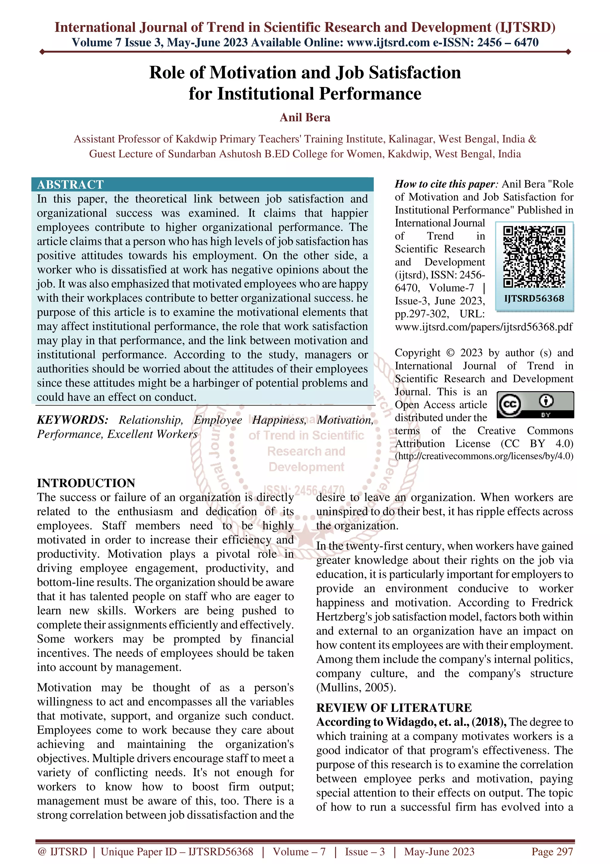 Role of Motivation and Job Satisfaction for Institutional Performance | PDF