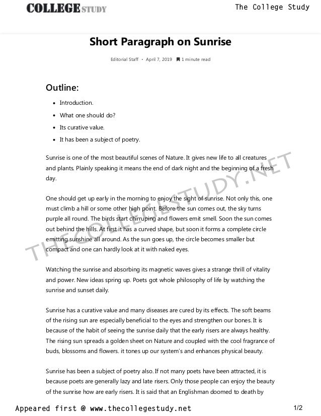 42 short paragraph on sunrise the college study