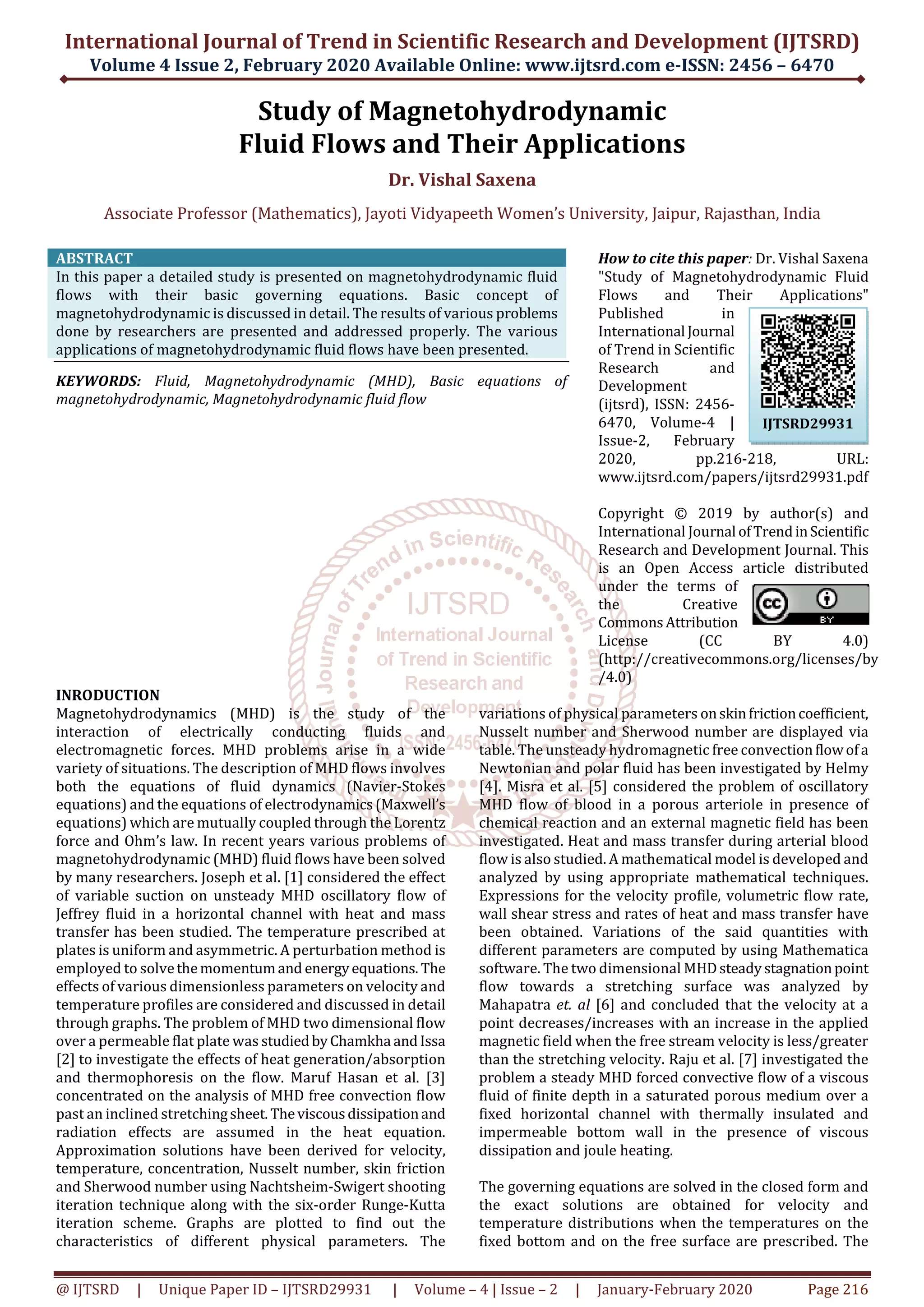 Study of Magnetohydrodynamic Fluid Flows and Their Applications | PDF ...