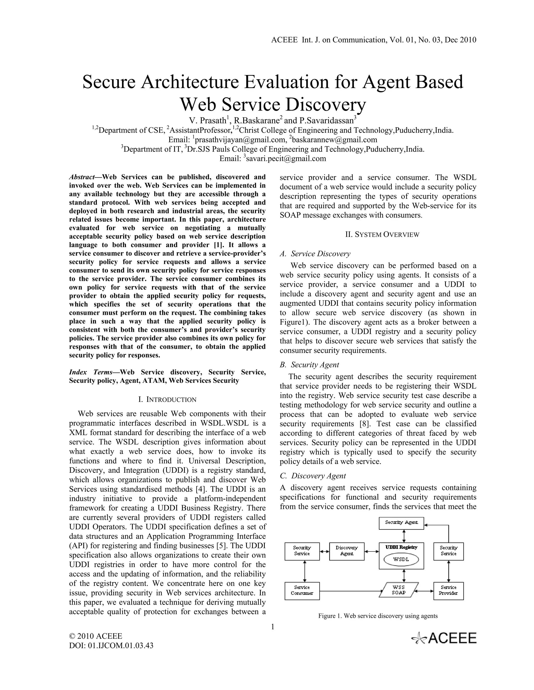 Secure Architecture Evaluation for Agent Based Web Service Discovery | PDF