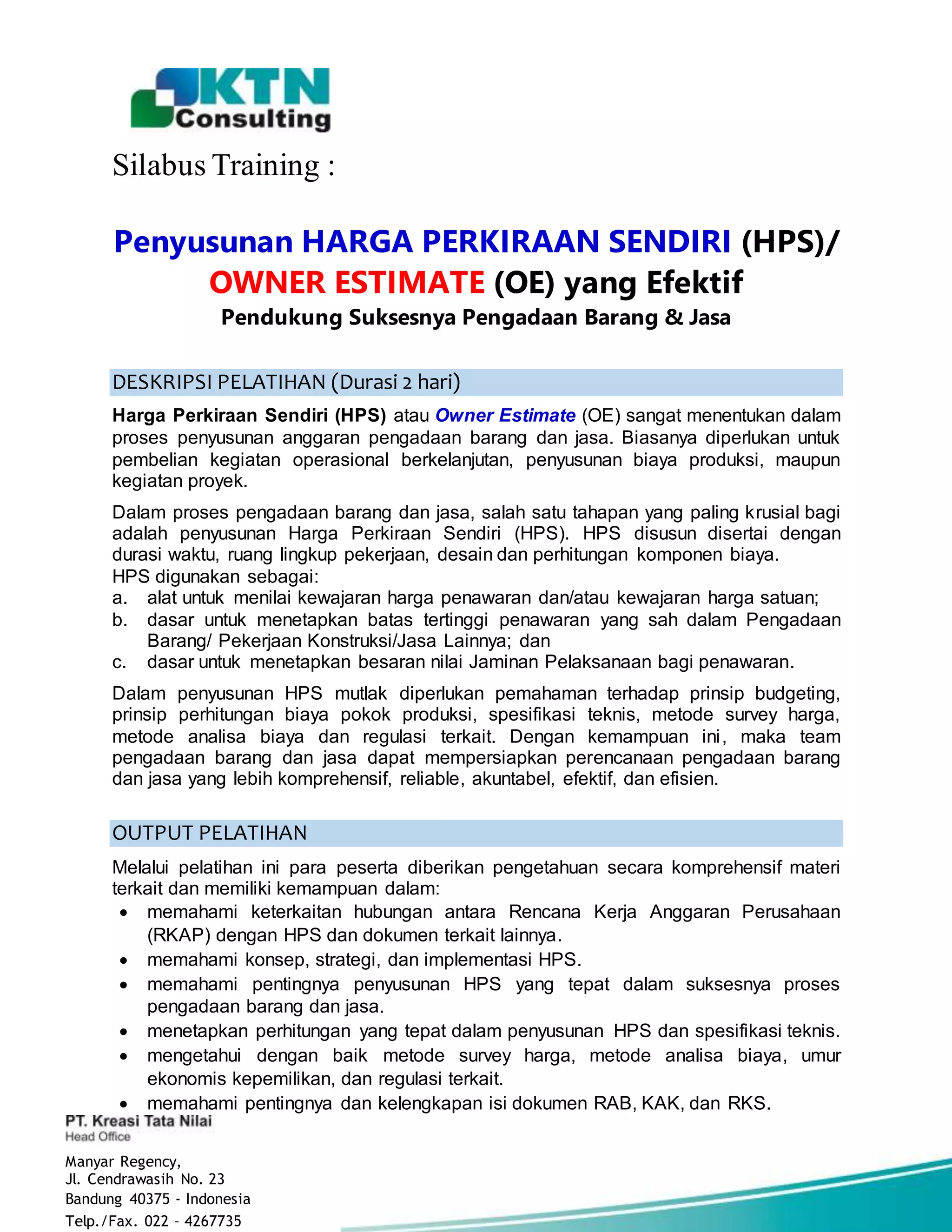 Silabus Training "Penyusunan HARGA PERKIRAAN SENDIRI (HPS)/ OWNER ...