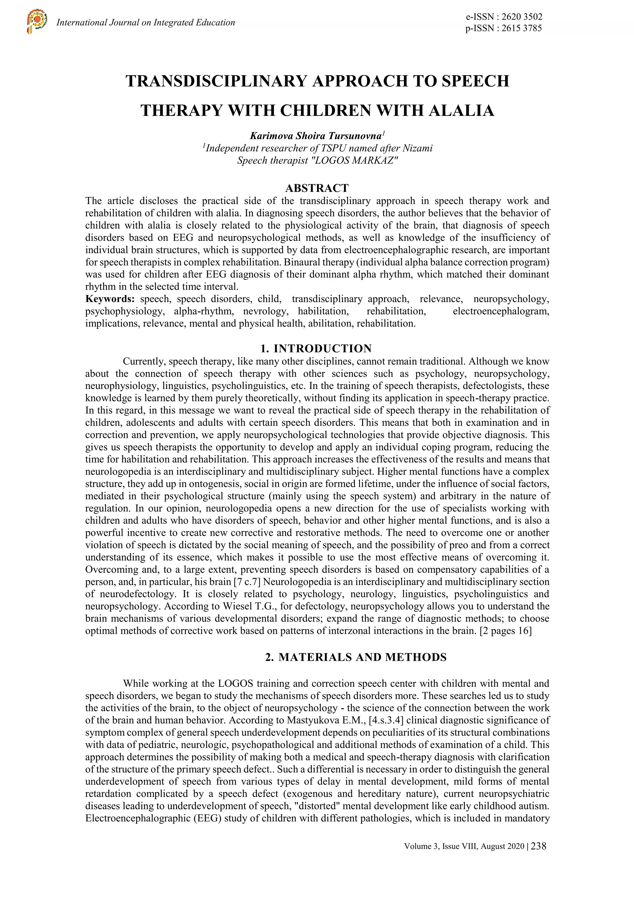 TRANSDISCIPLINARY APPROACH TO SPEECH THERAPY WITH CHILDREN WITH ALALIA | PDF