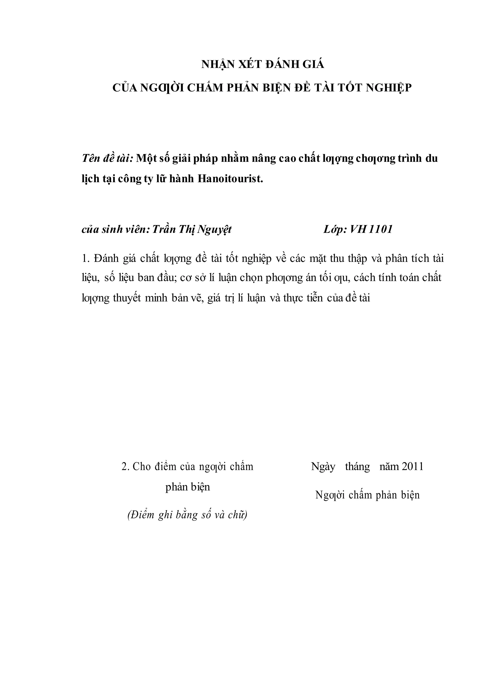 Khóa luận: Giải pháp nâng cao chất lượng chương trình du lịch tại công ty | DOC