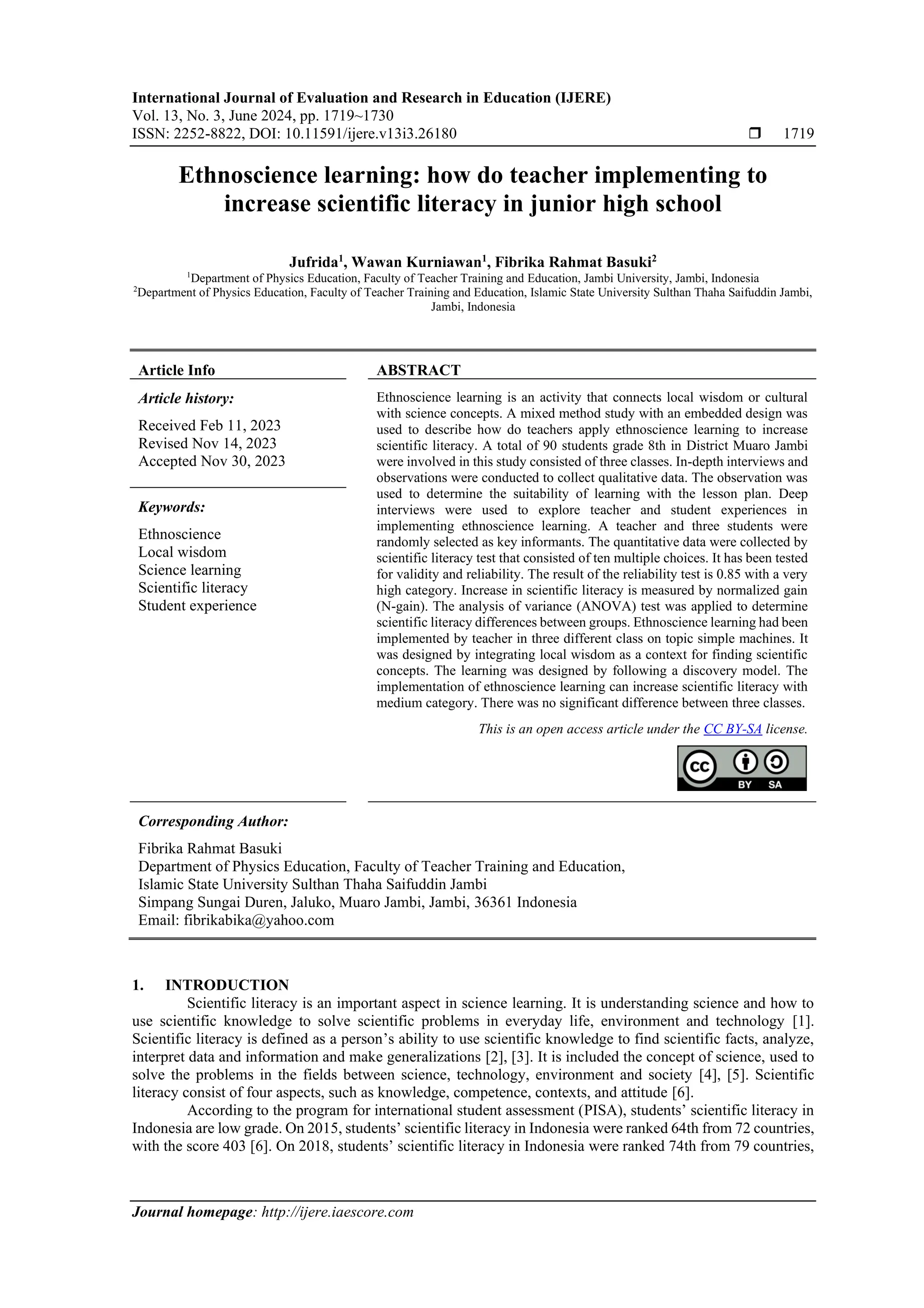 Ethnoscience learning: how do teacher implementing to increase scientific literacy in junior ...