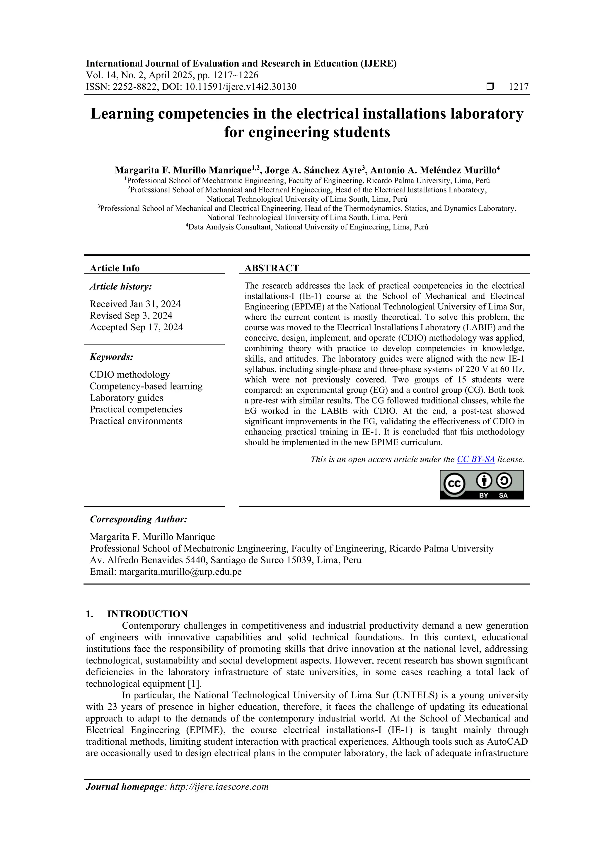 Learning competencies in the electrical installations laboratory for ...