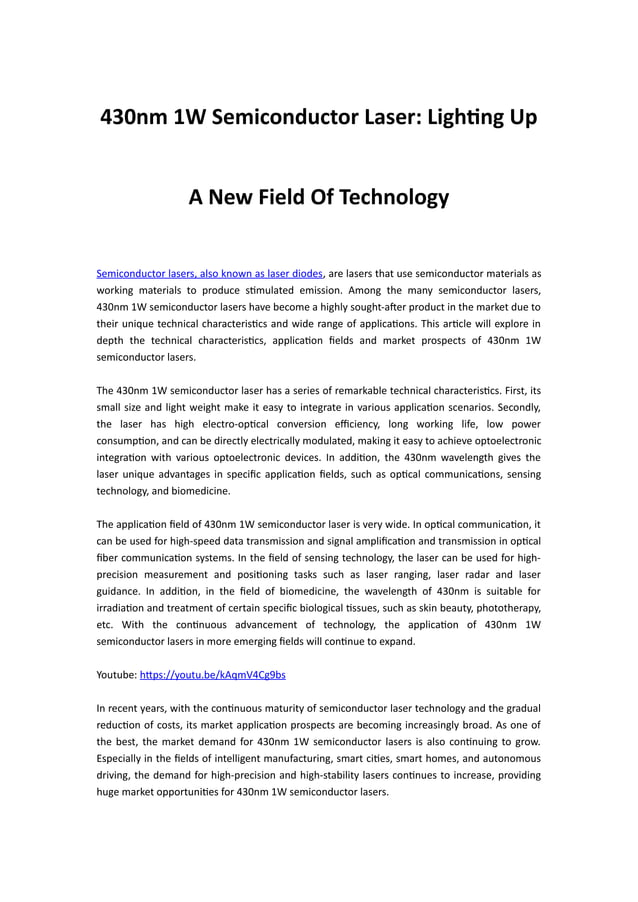 430nm 1W Semiconductor Laser: Lighting Up A New Field Of Technology | PDF