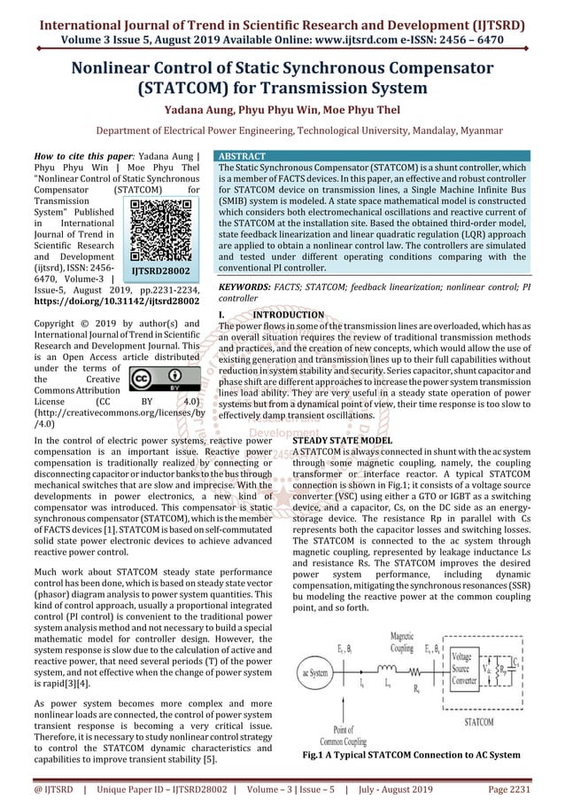 Nonlinear Control of Static Synchronous Compensator STATCOM for Transmission System | PDF