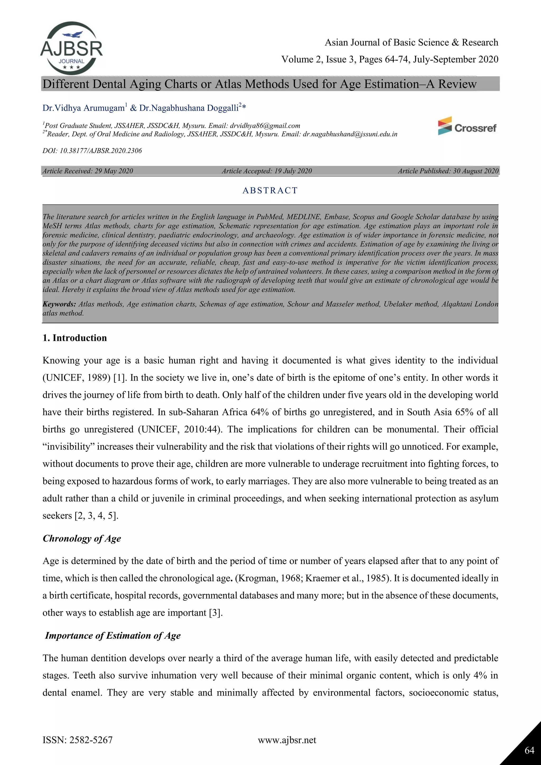 Different Dental Aging Charts or Atlas Methods Used for Age Estimation ...