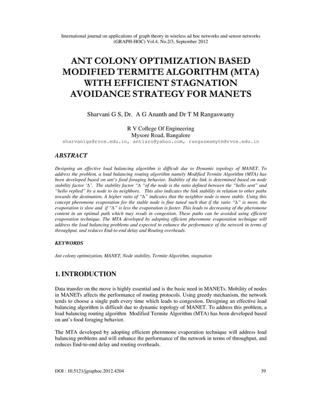 Ant Colony Optimization Based Modified Termite Algorithm Mta With Efficient Stagnation