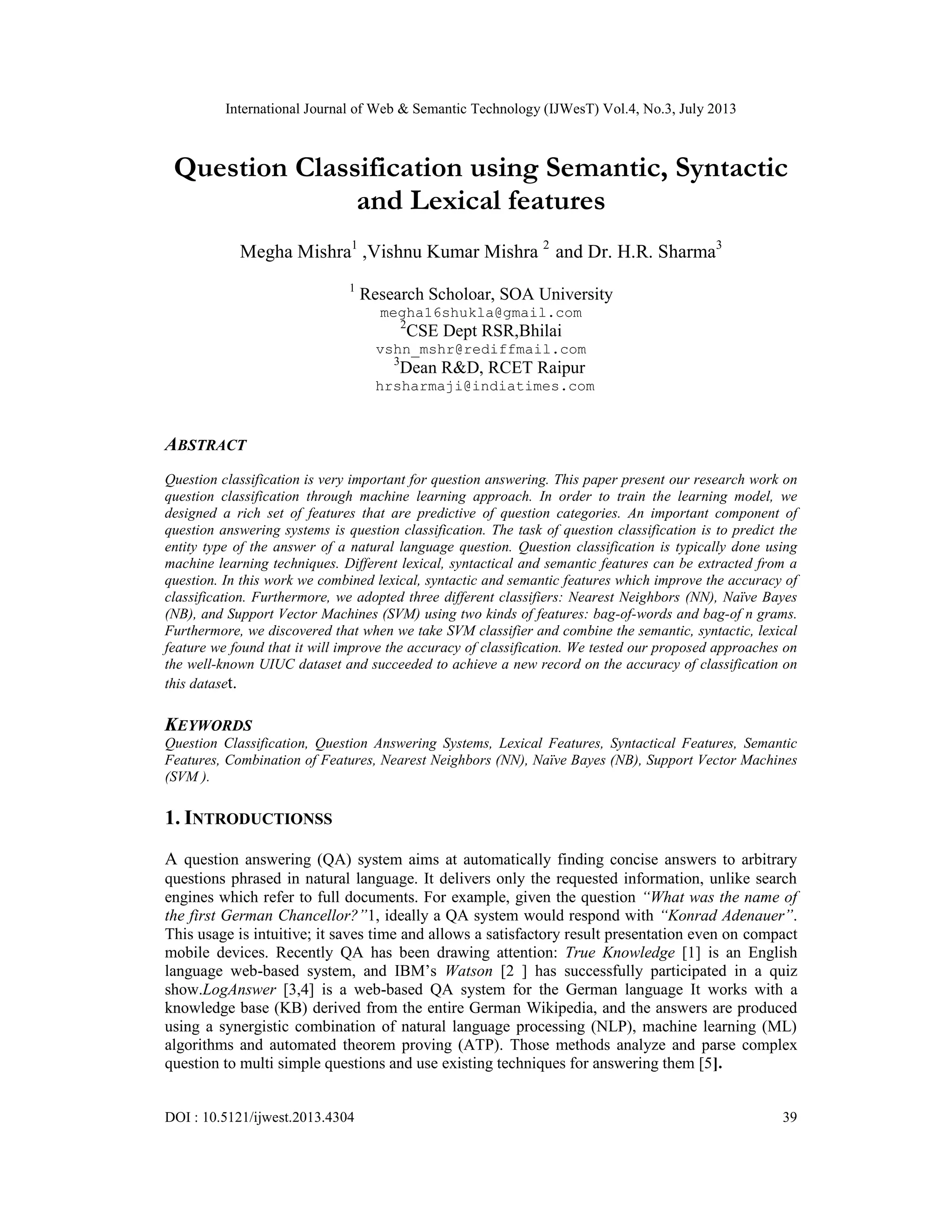 Question Classification Using Semantic Syntactic And Lexical Features Pdf
