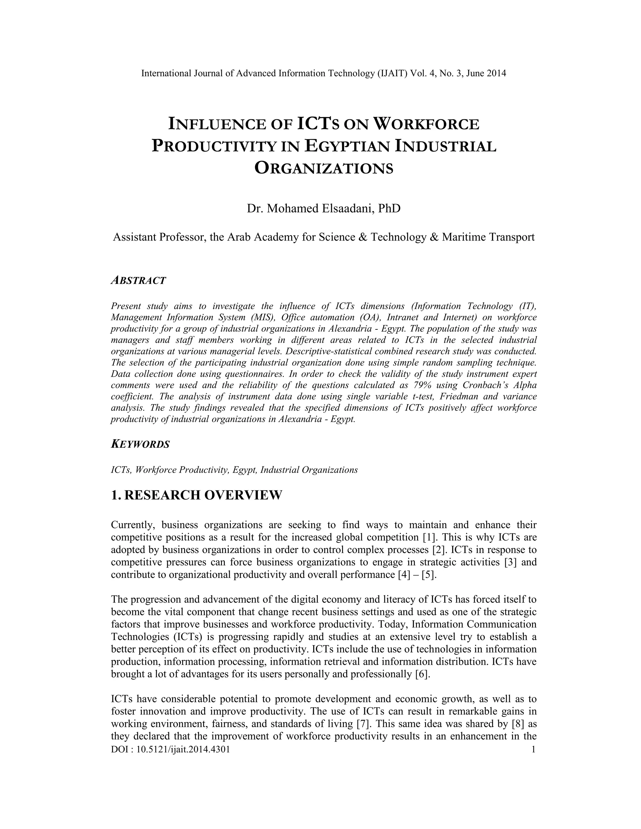 INFLUENCE OF ICTS ON WORKFORCE PRODUCTIVITY IN EGYPTIAN INDUSTRIAL ORGANIZATIONS | PDF