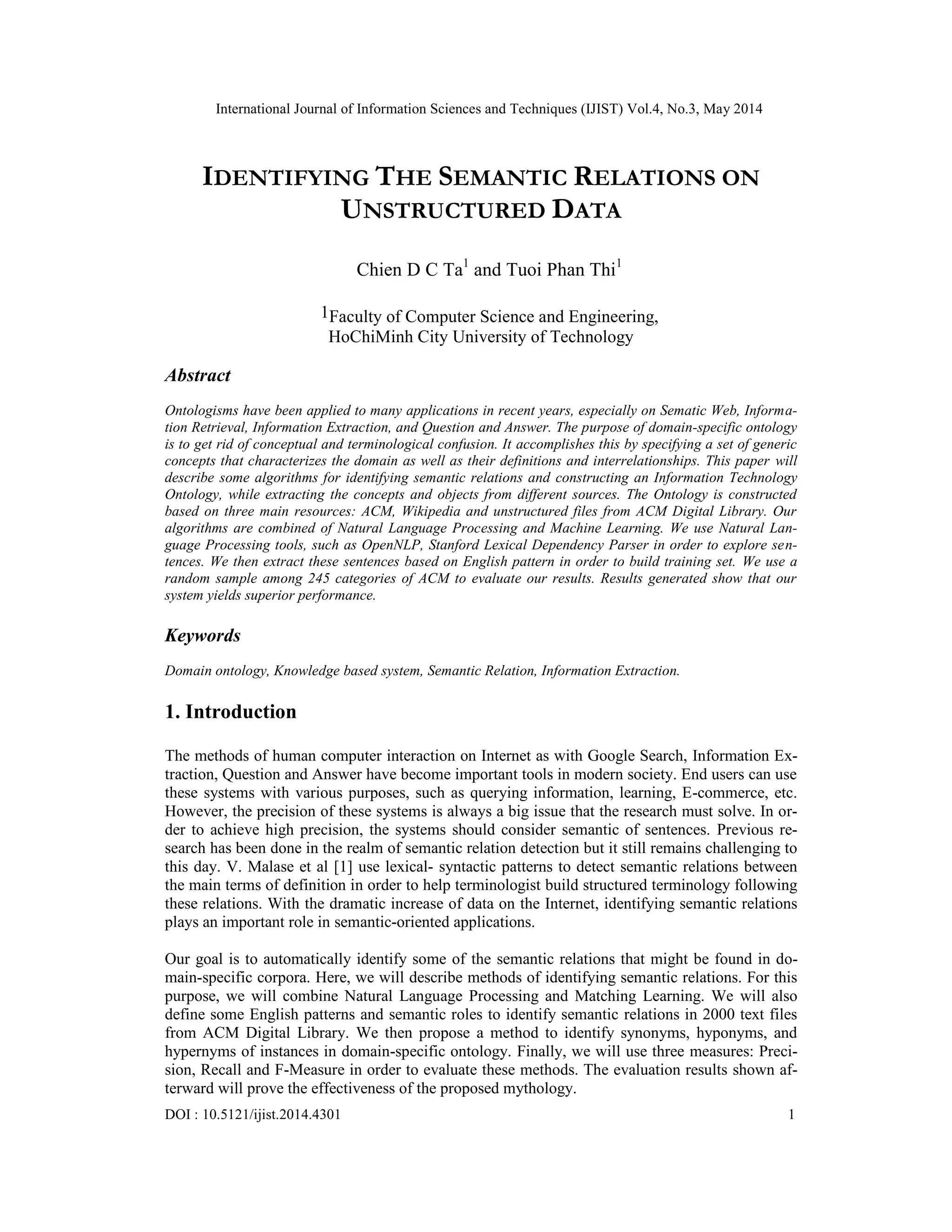IDENTIFYING THE SEMANTIC RELATIONS ON UNSTRUCTURED DATA | PDF