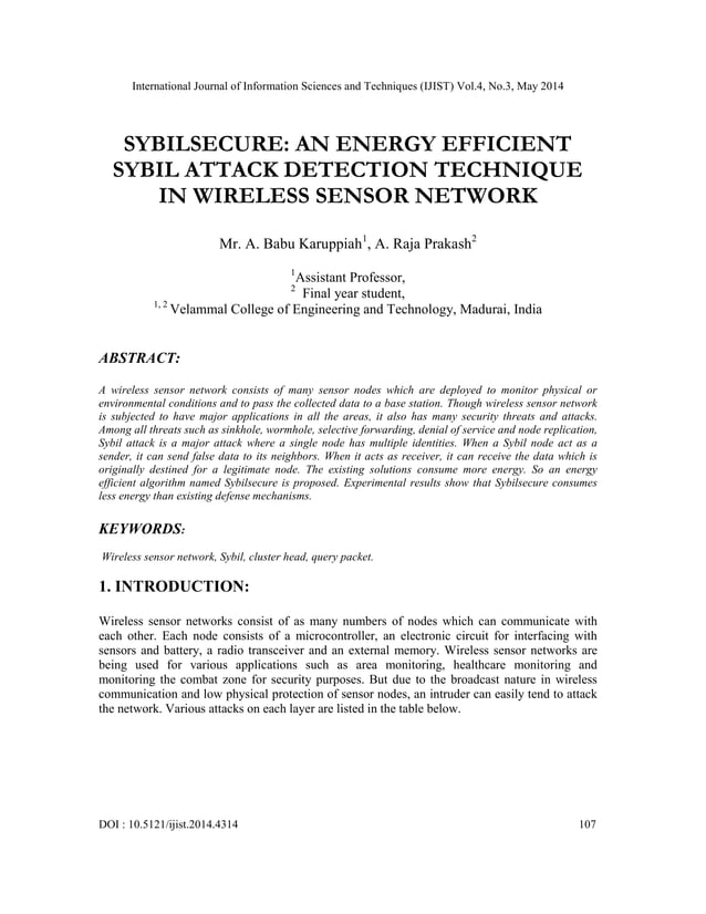 SYBILSECURE: AN ENERGY EFFICIENT SYBIL ATTACK DETECTION TECHNIQUE IN WIRELESS SENSOR NETWORK | PDF
