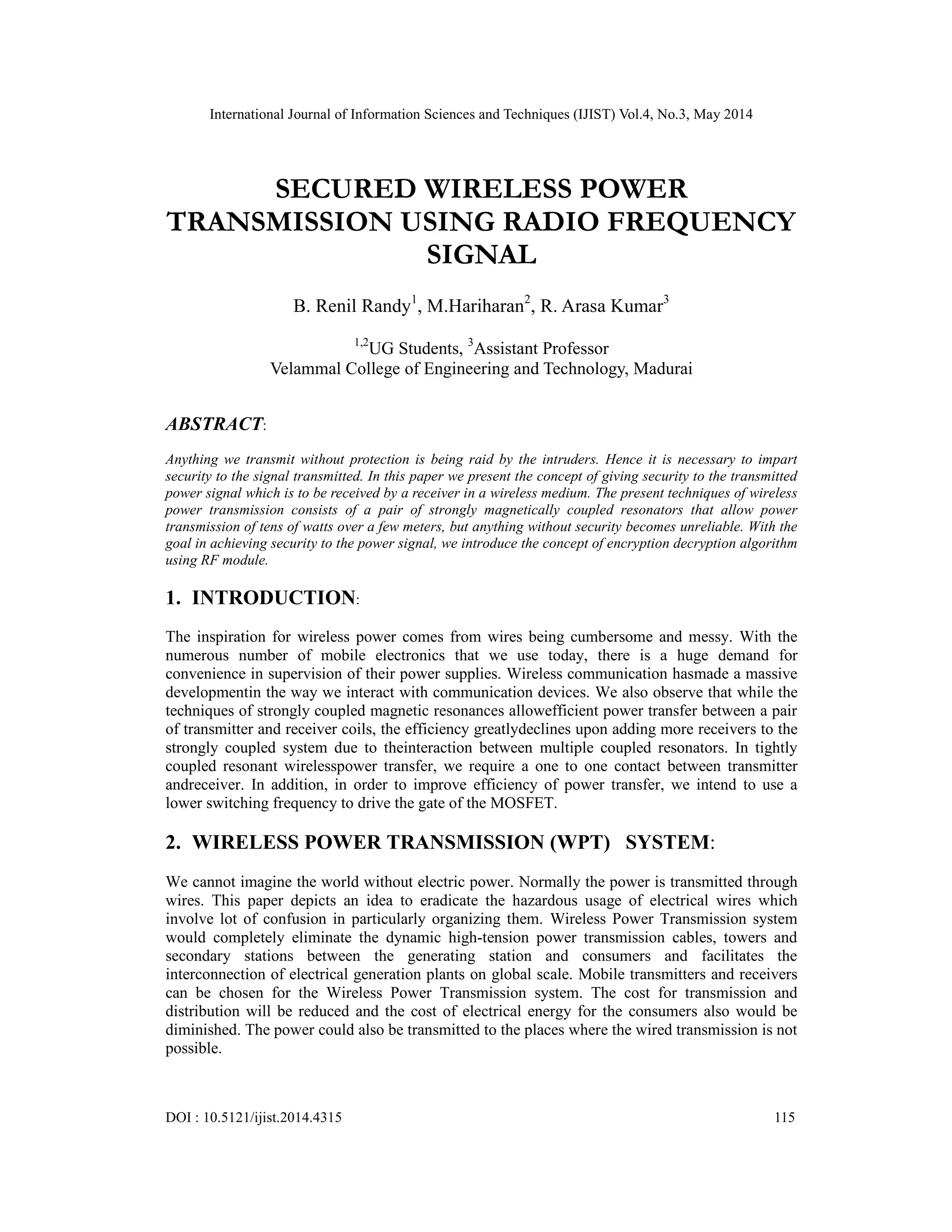 SECURED WIRELESS POWER TRANSMISSION USING RADIO FREQUENCY SIGNAL | PDF