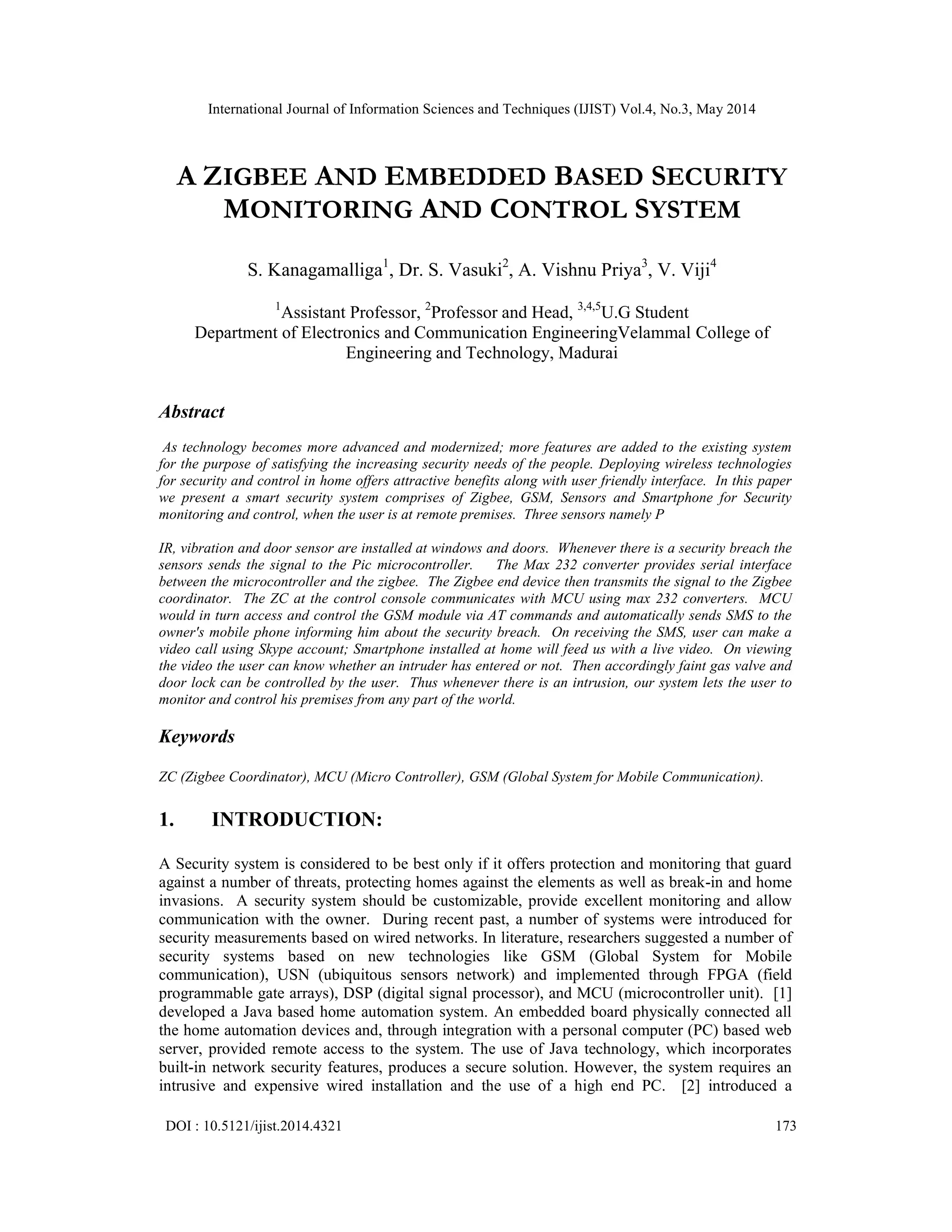 A ZIGBEE AND EMBEDDED BASED SECURITY MONITORING AND CONTROL SYSTEM | PDF