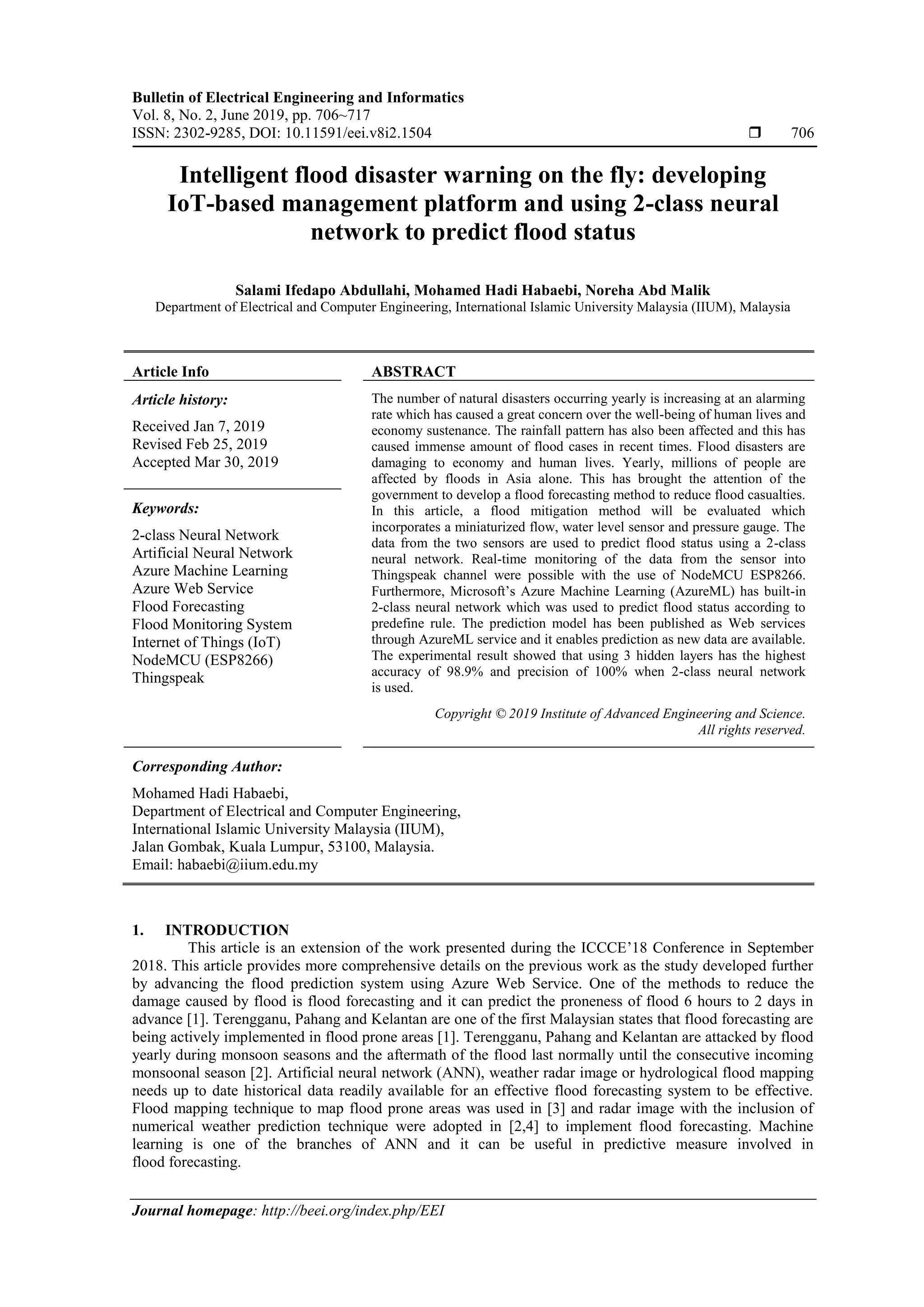 Intelligent flood disaster warning on the fly: developing IoT-based management platform and ...