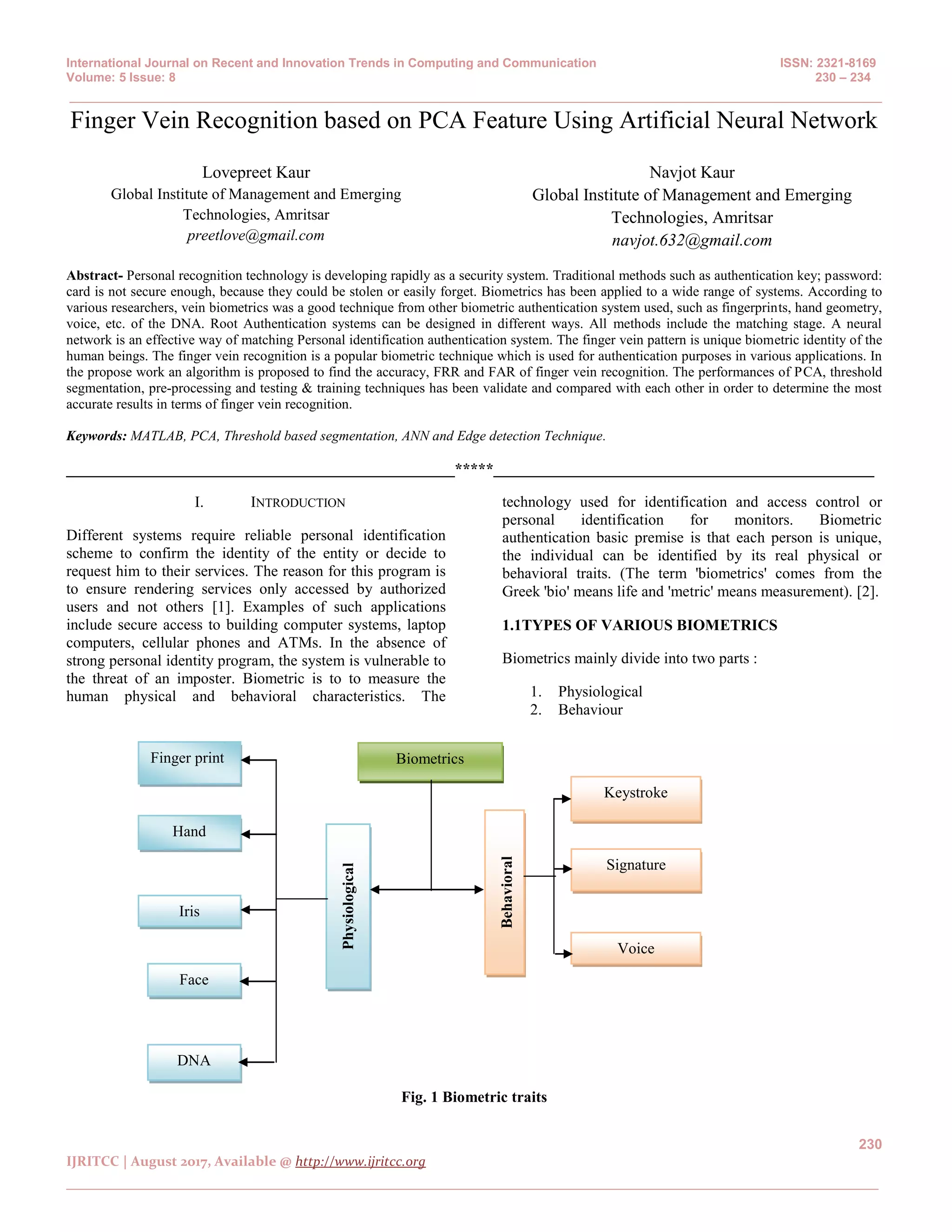 Finger Vein Recognition Based on PCA Feature using Artificial Neural Network | PDF | Computing ...