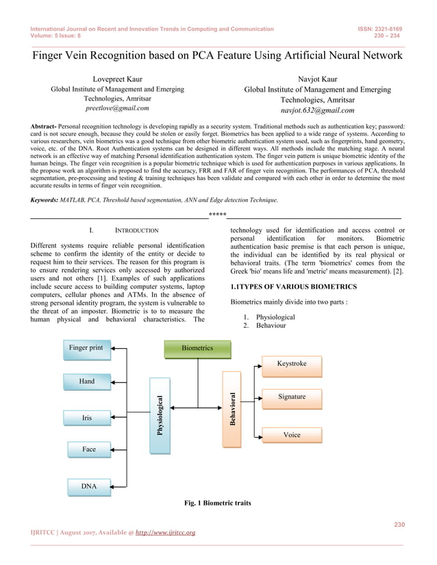 Finger Vein Recognition Based on PCA Feature using Artificial Neural Network | PDF | Computing ...