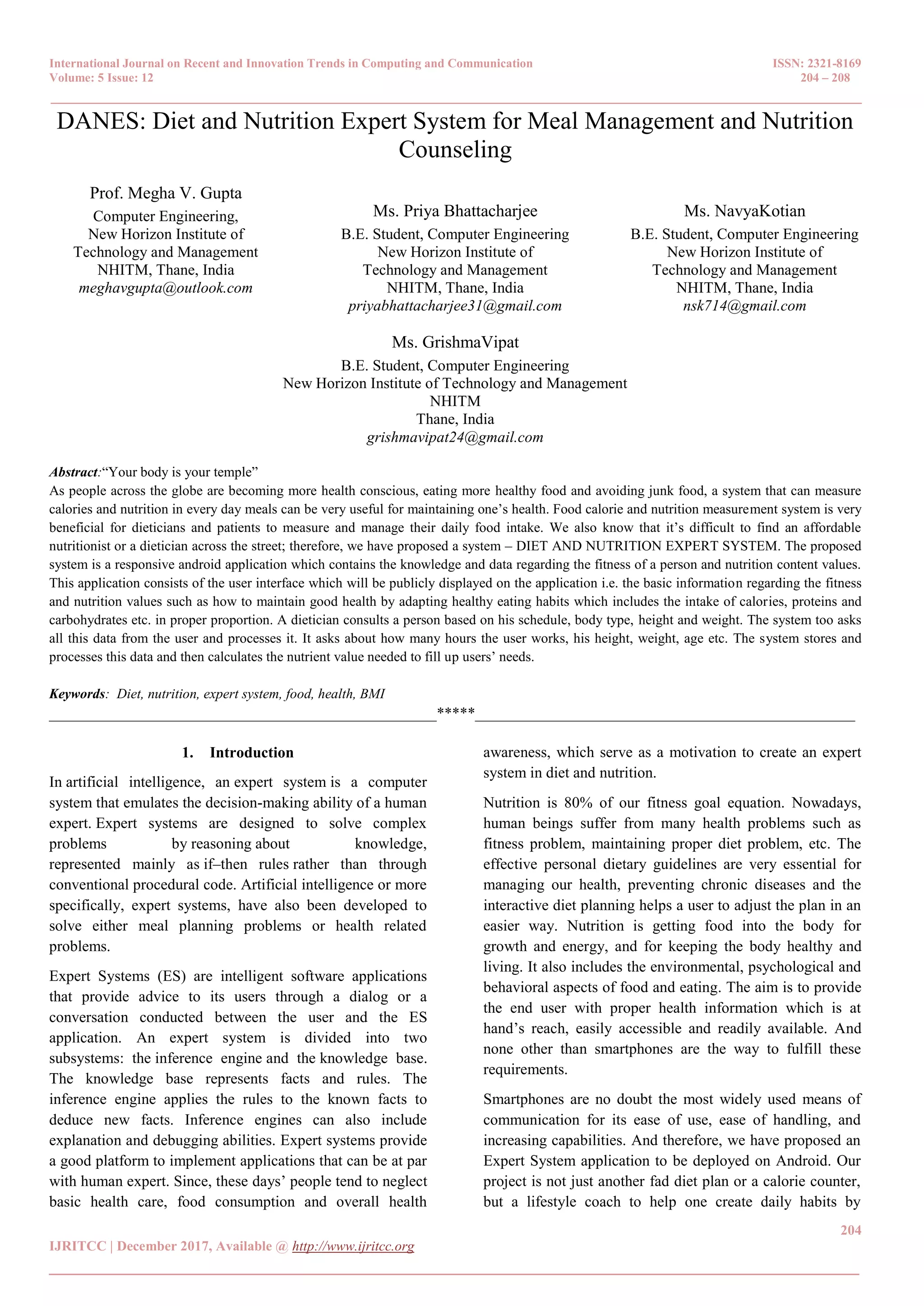 DANES: Diet and Nutrition Expert System for Meal Management and ...