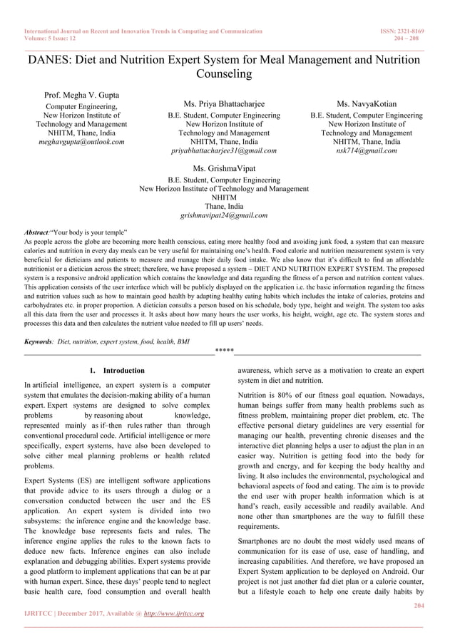 DANES: Diet and Nutrition Expert System for Meal Management and ...