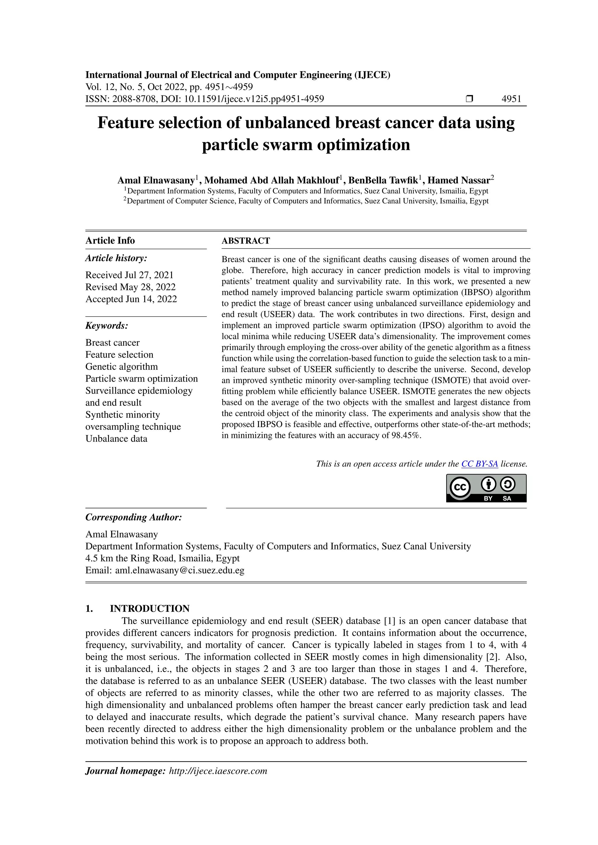 Feature selection of unbalanced breast cancer data using particle swarm optimization | PDF