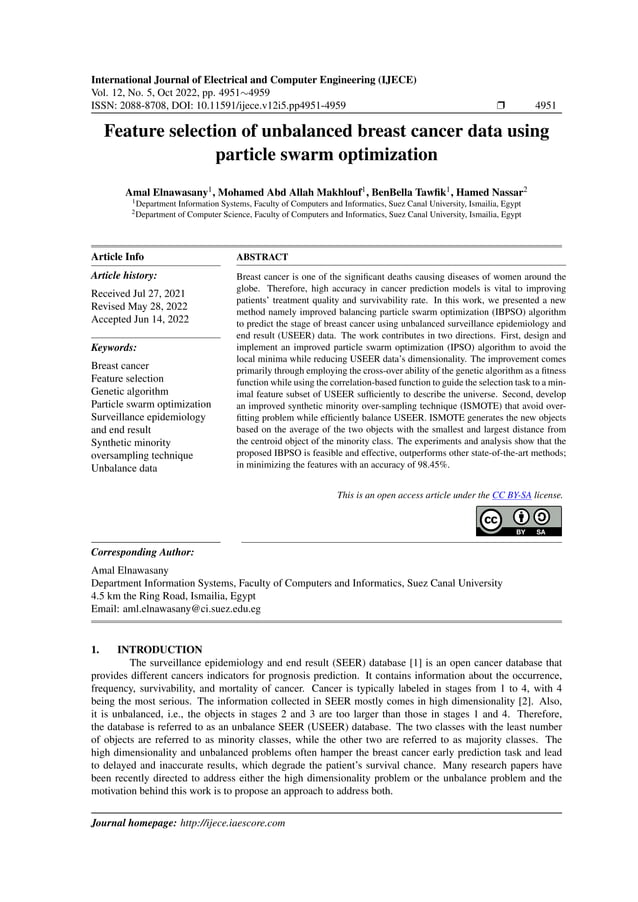 Feature selection of unbalanced breast cancer data using particle swarm optimization | PDF