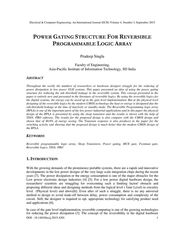 POWER GATING STRUCTURE FOR REVERSIBLE PROGRAMMABLE LOGIC ARRAY | PDF