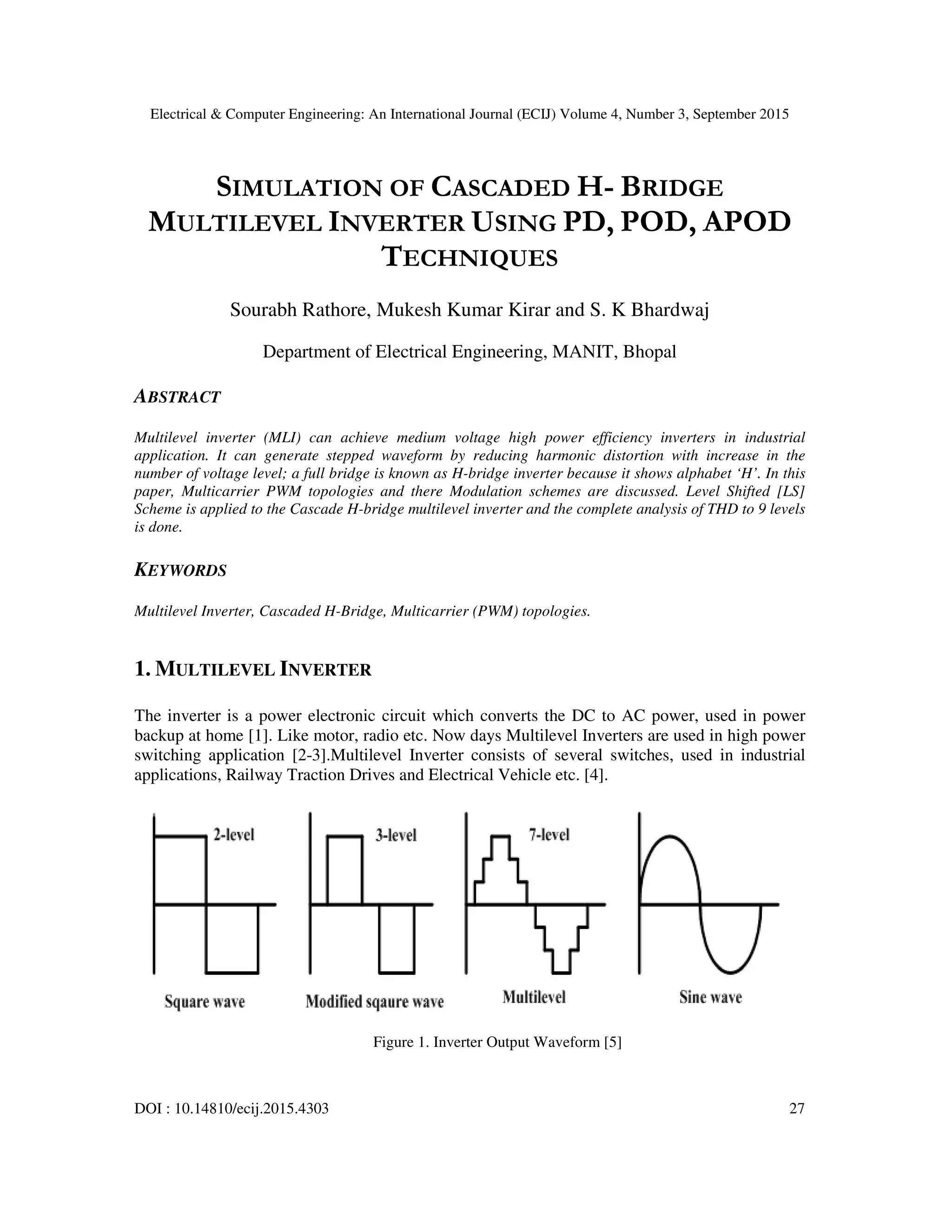 SIMULATION OF CASCADED H- BRIDGE MULTILEVEL INVERTER USING PD, POD, APOD TECHNIQUES | PDF