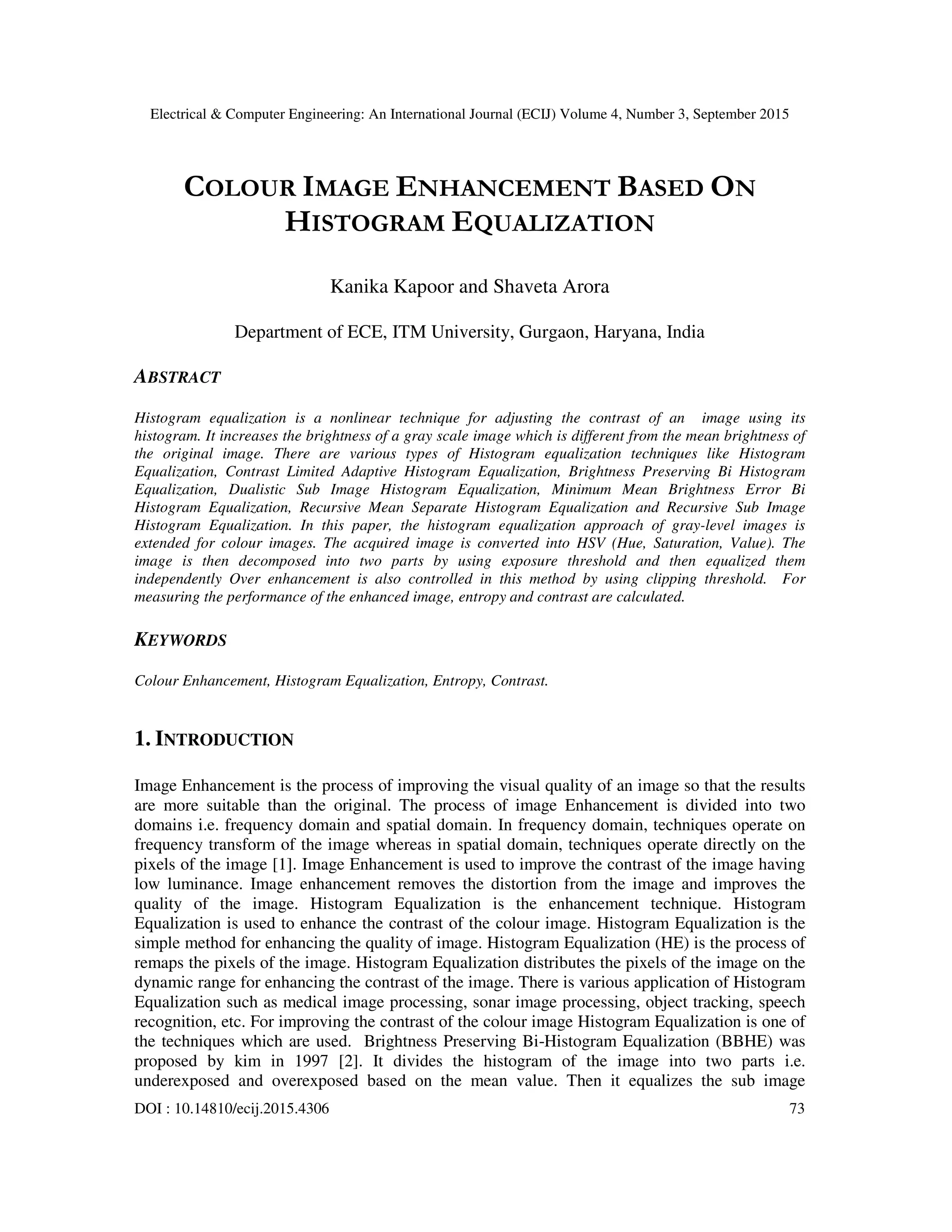 Colour Image Enhancement Based On Histogram Equalization Pdf