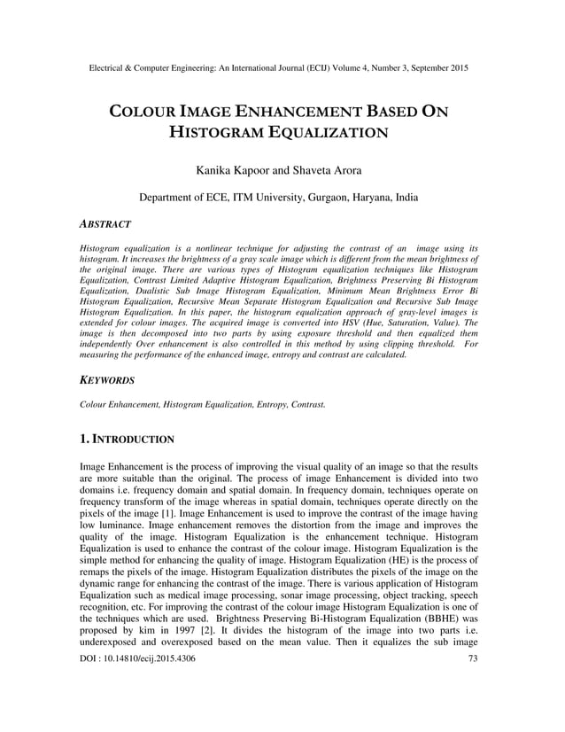 COLOUR IMAGE ENHANCEMENT BASED ON HISTOGRAM EQUALIZATION | PDF