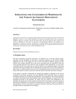 EMPLOYING THE CATEGORIES OF WIKIPEDIA IN THE TASK OF AUTOMATIC DOCUMENTS CLUSTERING | PDF