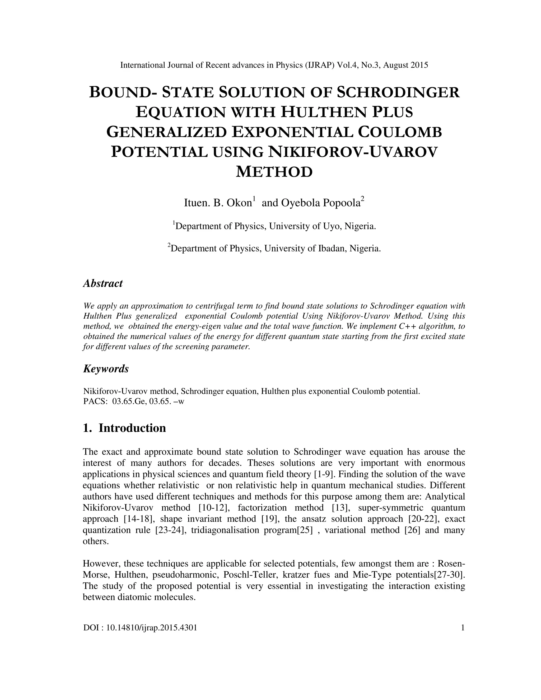 Bound- State Solution of Schrodinger Equation with Hulthen Plus ...