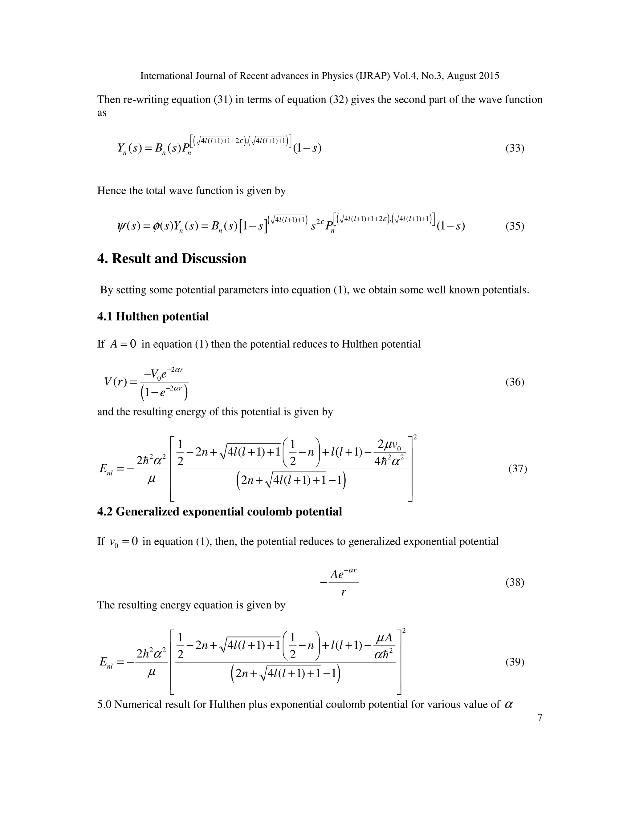 Bound- State Solution of Schrodinger Equation with Hulthen Plus Generalized Exponential Coulomb ...
