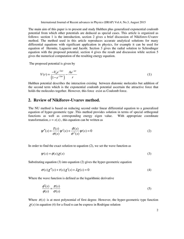 Bound- State Solution of Schrodinger Equation with Hulthen Plus Generalized Exponential Coulomb ...