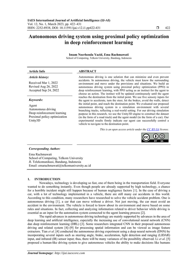 Autonomous Driving System Using Proximal Policy Optimization In Deep Reinforcement Learning