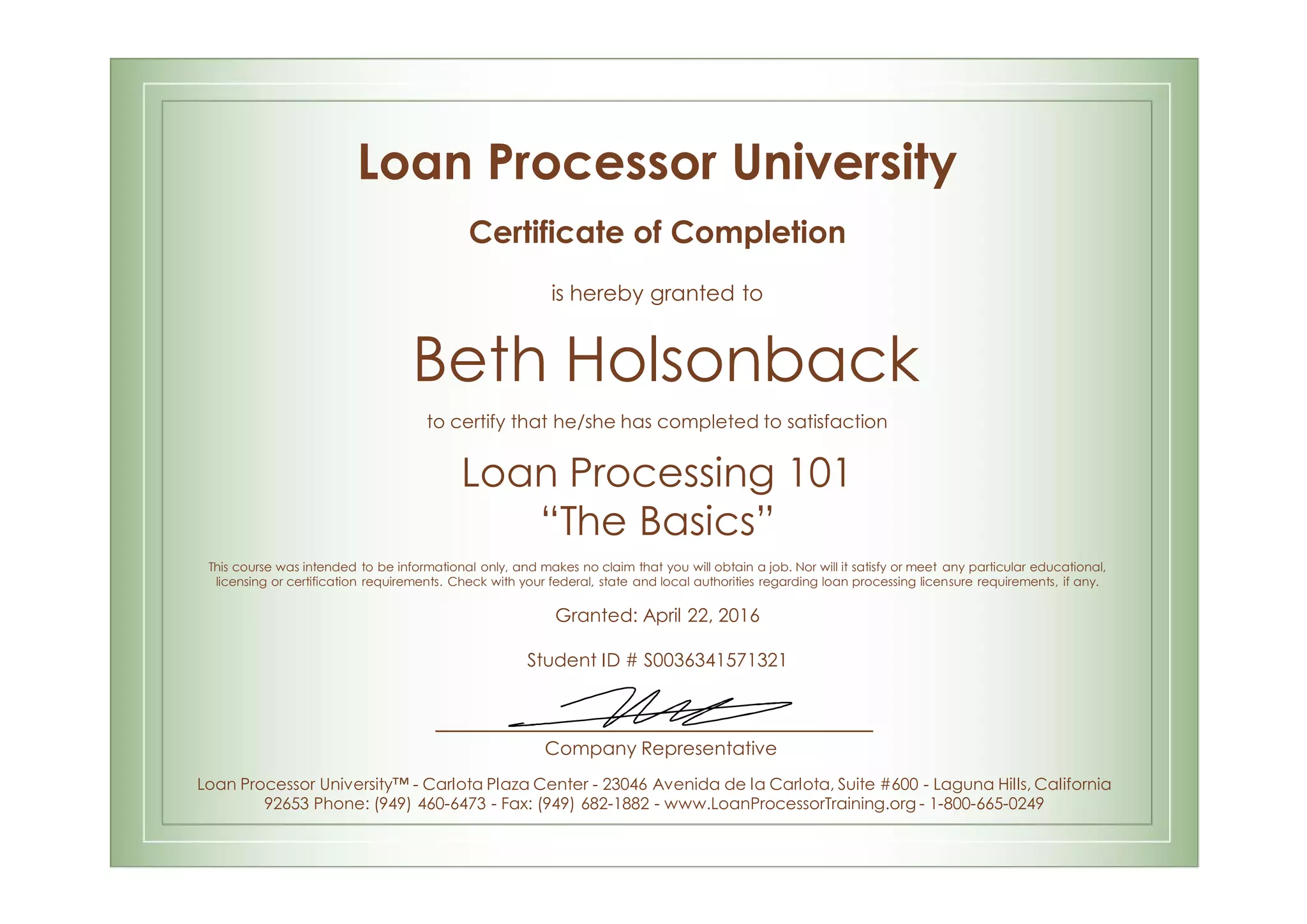 Loan_Processing_101_Certificate_Beth_Holsonback | PPT
