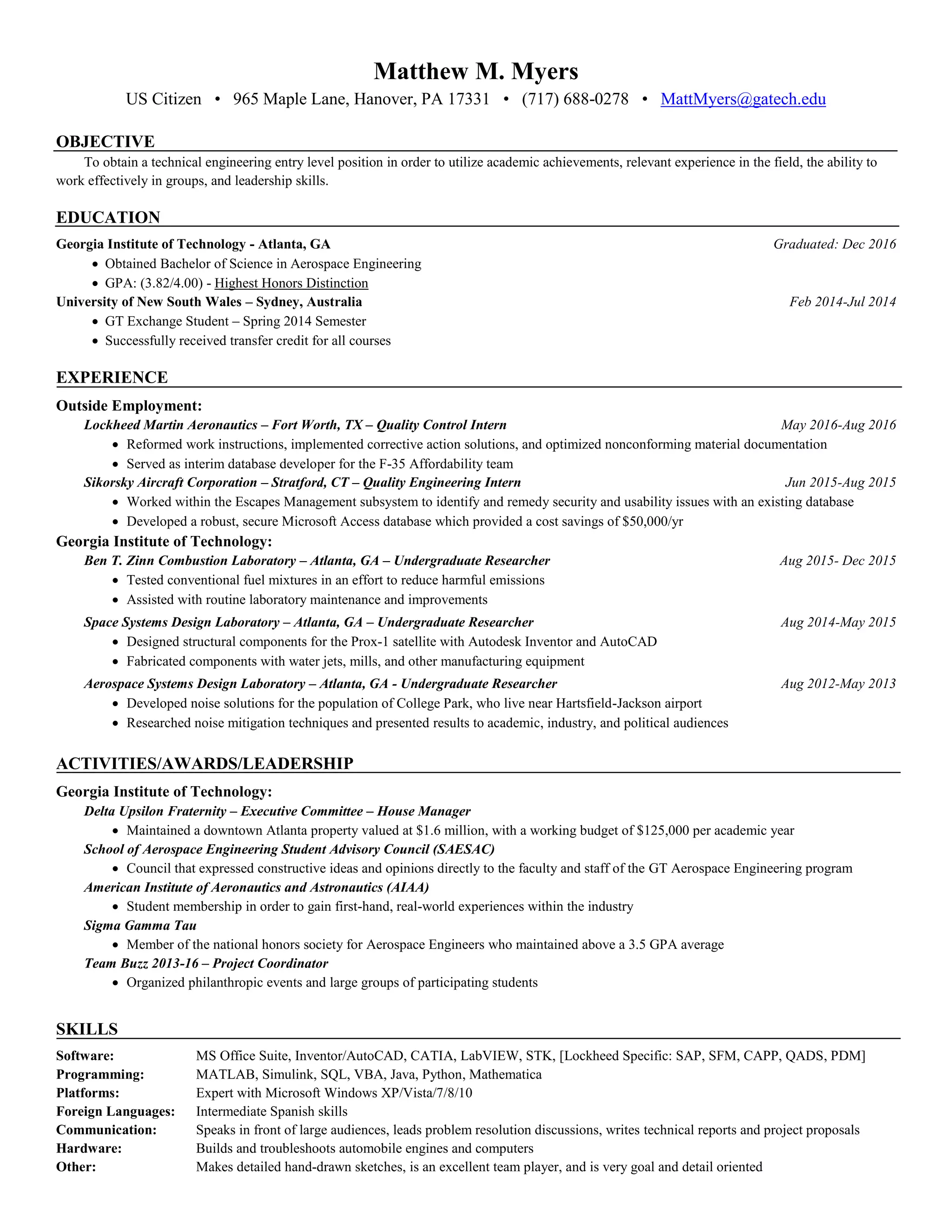Myers_Matthew_Resume_12_14_16 | PDF | Undergraduate Education | College ...