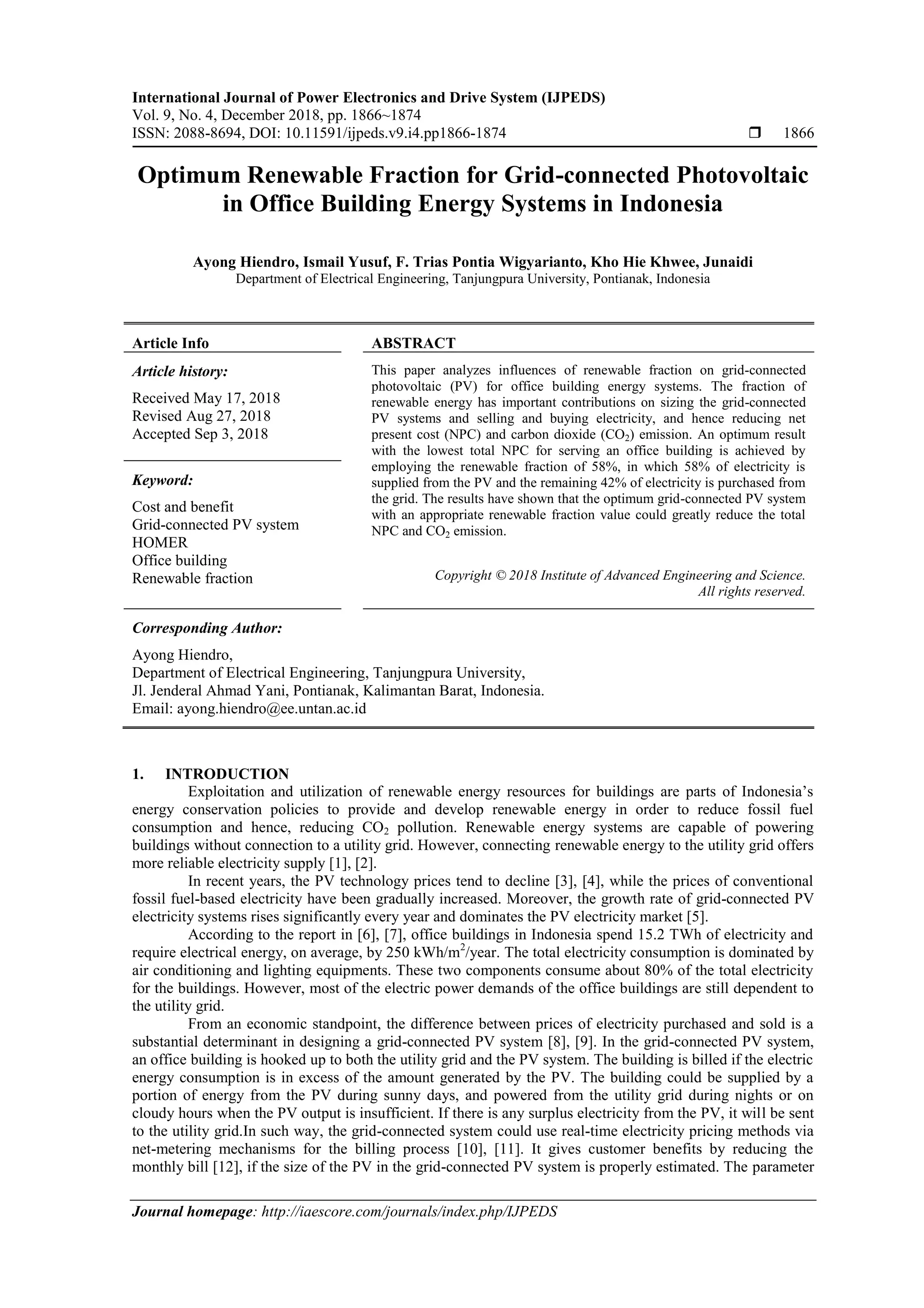 Optimum Renewable Fraction for Grid-connected Photovoltaic in Office ...