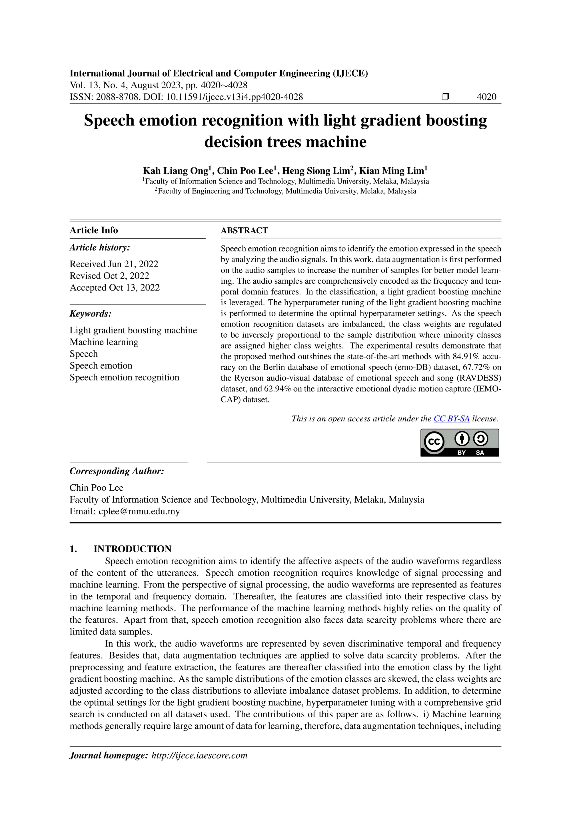 Speech Emotion Recognition With Light Gradient Boosting Decision Trees Machine Pdf
