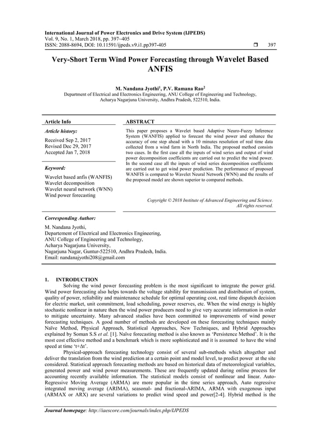 Very-Short Term Wind Power Forecasting through Wavelet Based ANFIS | PDF