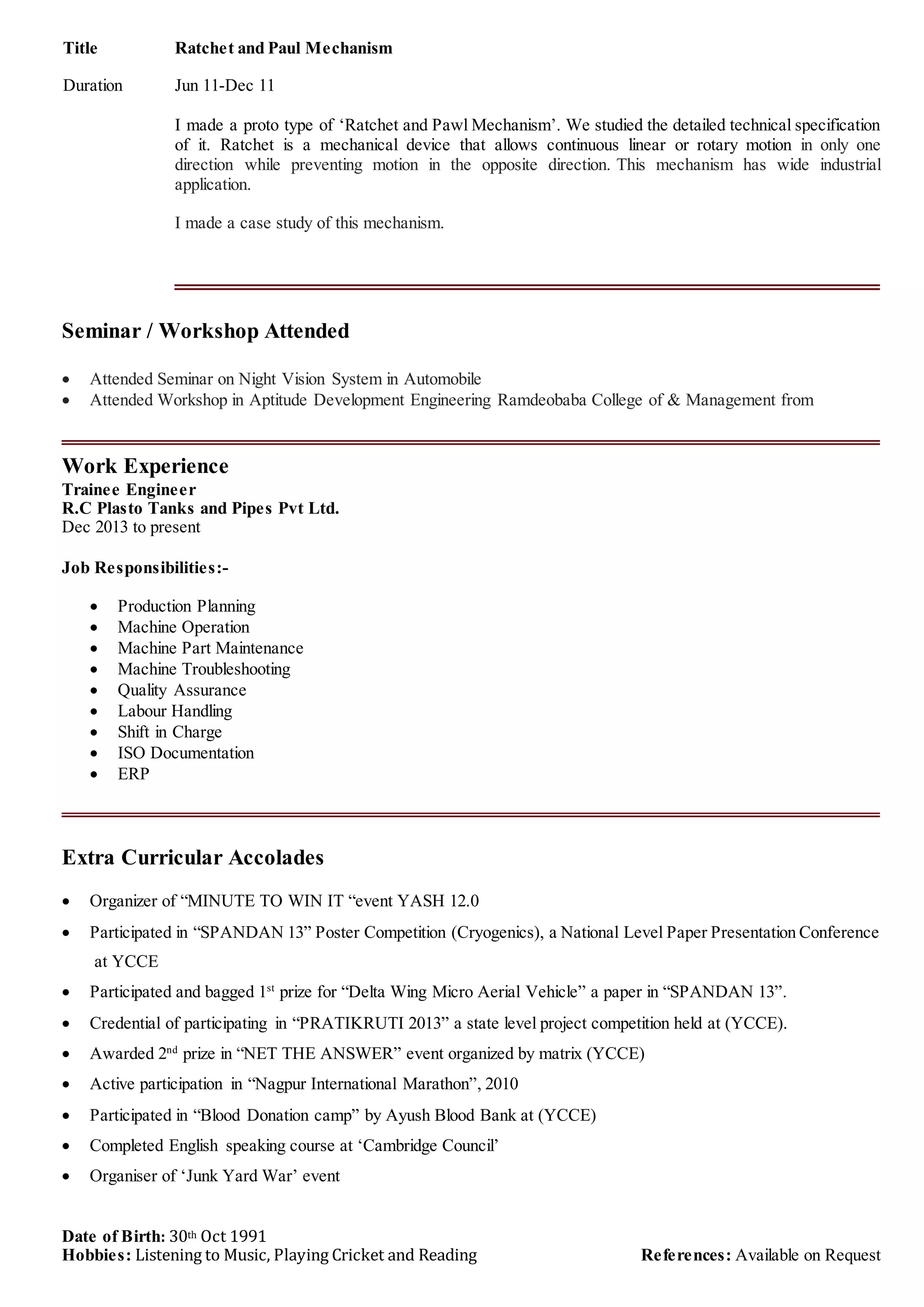 Technical REsume1 | DOCX | Robotics | Technology & Computing