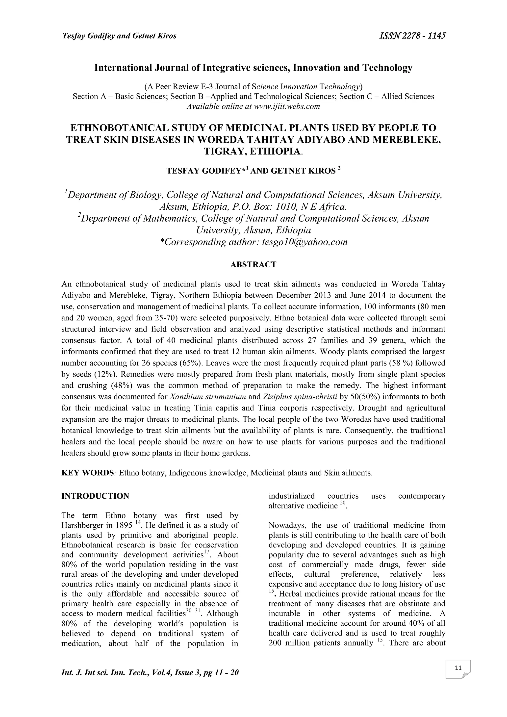 ETHNOBOTANICAL STUDY OF MEDICINAL PLANTS USED BY PEOPLE TO TREAT SKIN ...