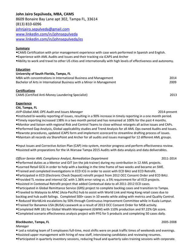 John Sepulveda, MBA, CAMS Resume | PDF