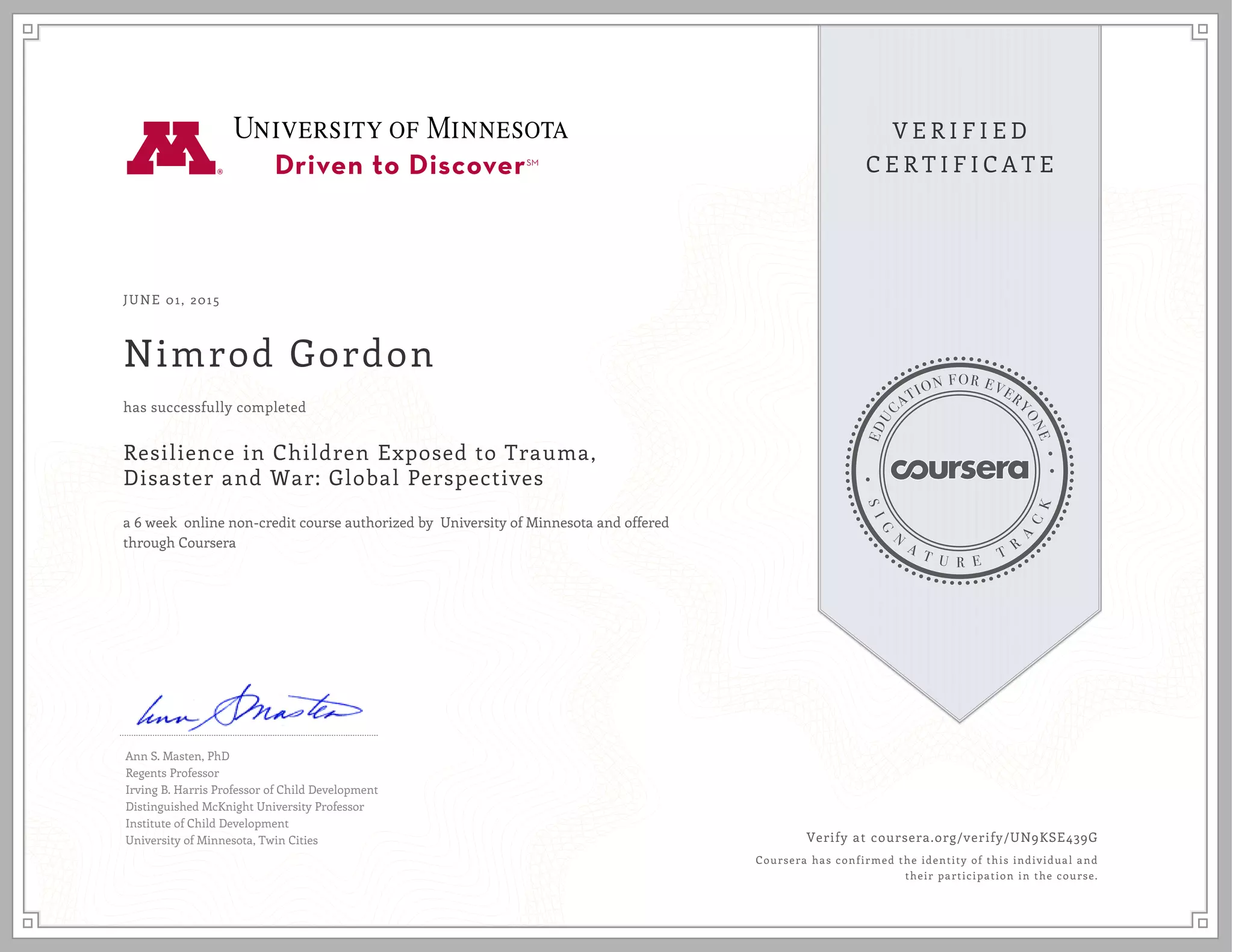 Certificate - Resilience In Children | PDF