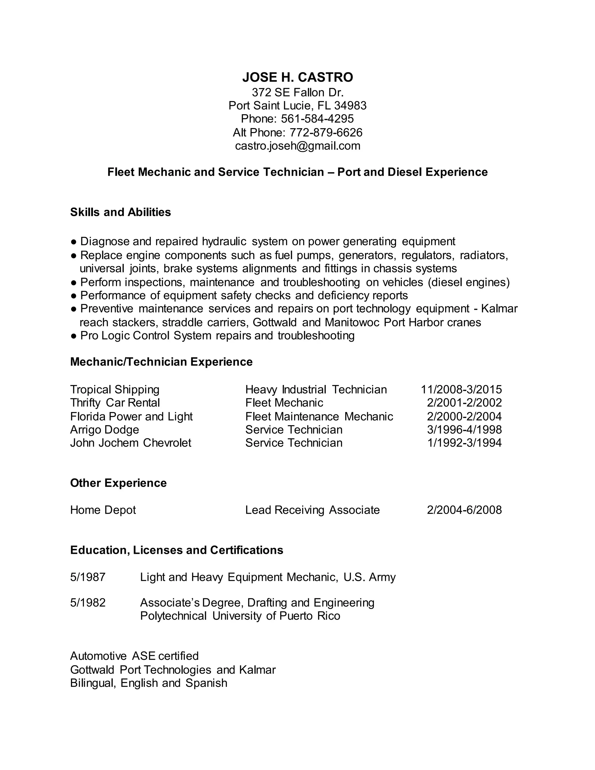 Jose Castro Resume (Mechanic-Tech) | DOCX