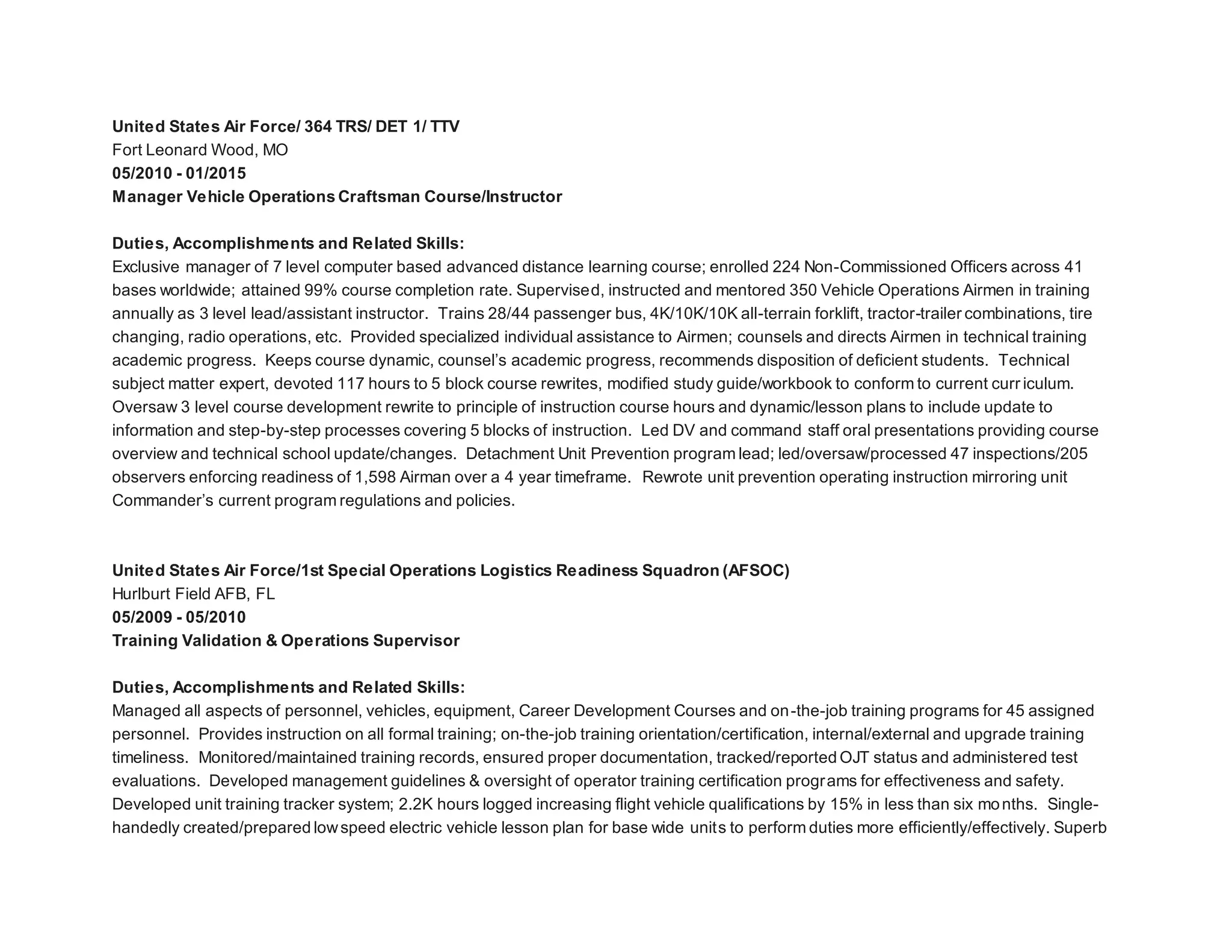 Additional Work Experience | DOCX