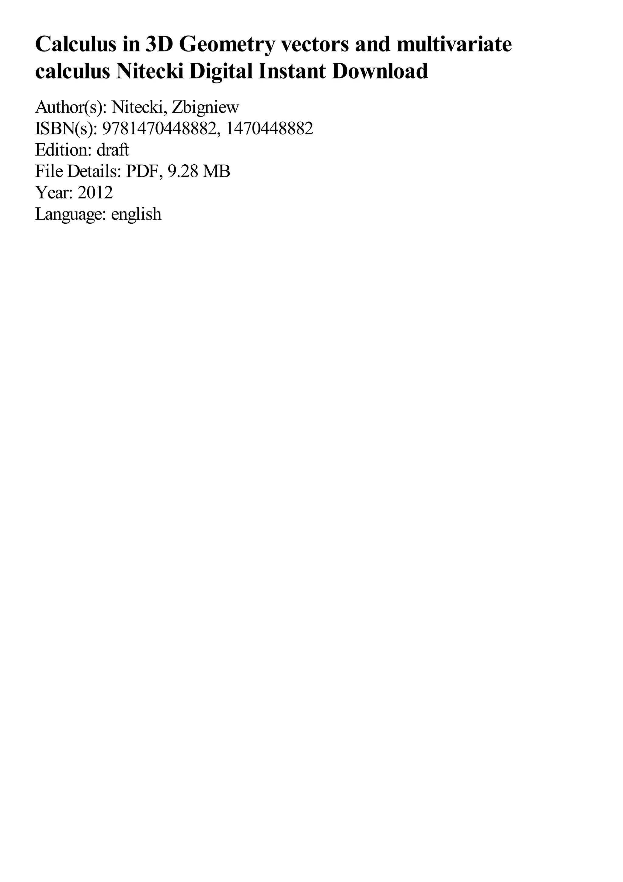 Calculus in 3D Geometry vectors and multivariate calculus Nitecki | PDF