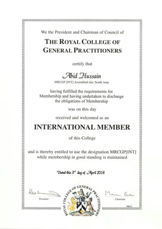 Certificate Dr Hussain 98631 | PDF